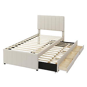 GJHOME Upholstered Platform Bed, Twin Size Wooden Bed Frame with Pull-Out Twin Size Trundle and 3 Drawers, Wood Slat Support, No Box Spring Needed, Linen Fabric, Beige