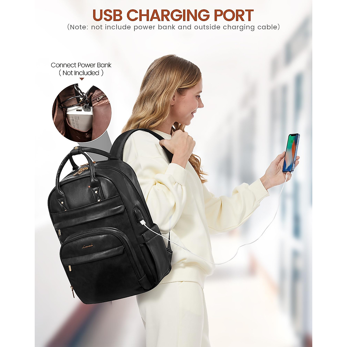 LOVEVOOK Leather Backpack for Women 15.6 Inch, Vintage Laptop Backpack with USB, Spacious Work Backpack Fits Business Office Travel College Black