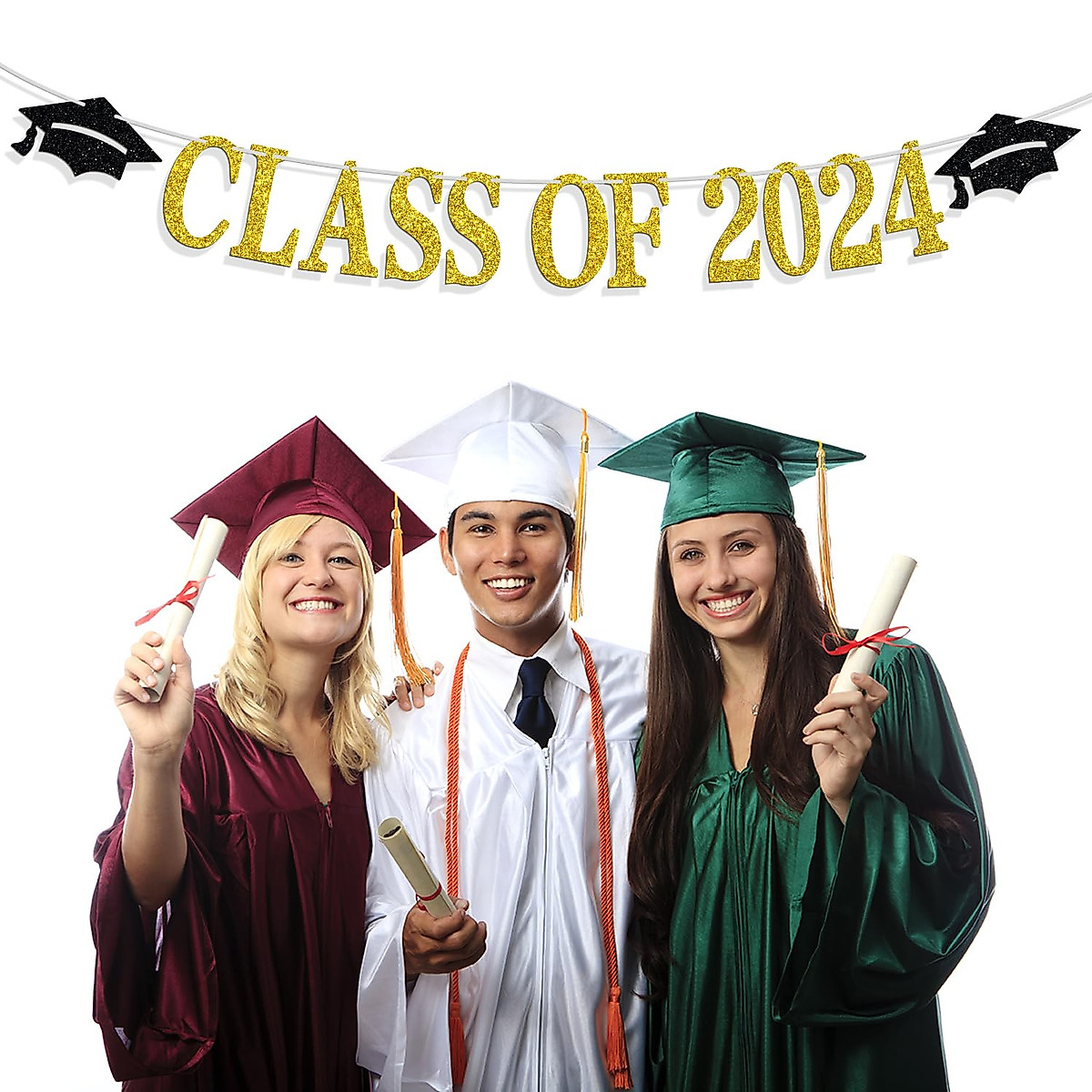 Class of 2024 Banner, Congrats Grad Bunting Sign for 2024 High School College Graduation Party Decorations Supplies, Black and Gold Glitter