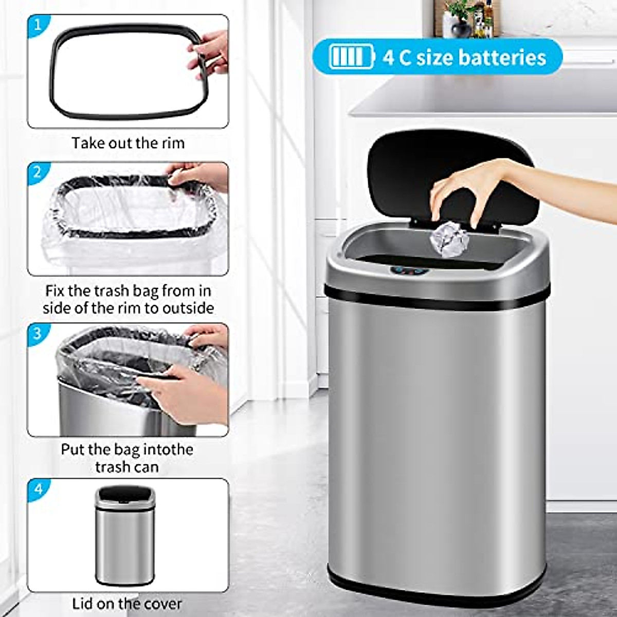 Bigacc 13 Gallon Touch-Free Automatic Stainless-Steel Trash Can Garbage Can Metal Trash Bin with Lid for Kitchen Living Room Office Bathroom, Electronic Motion Sensor Automatic Closure & Opening