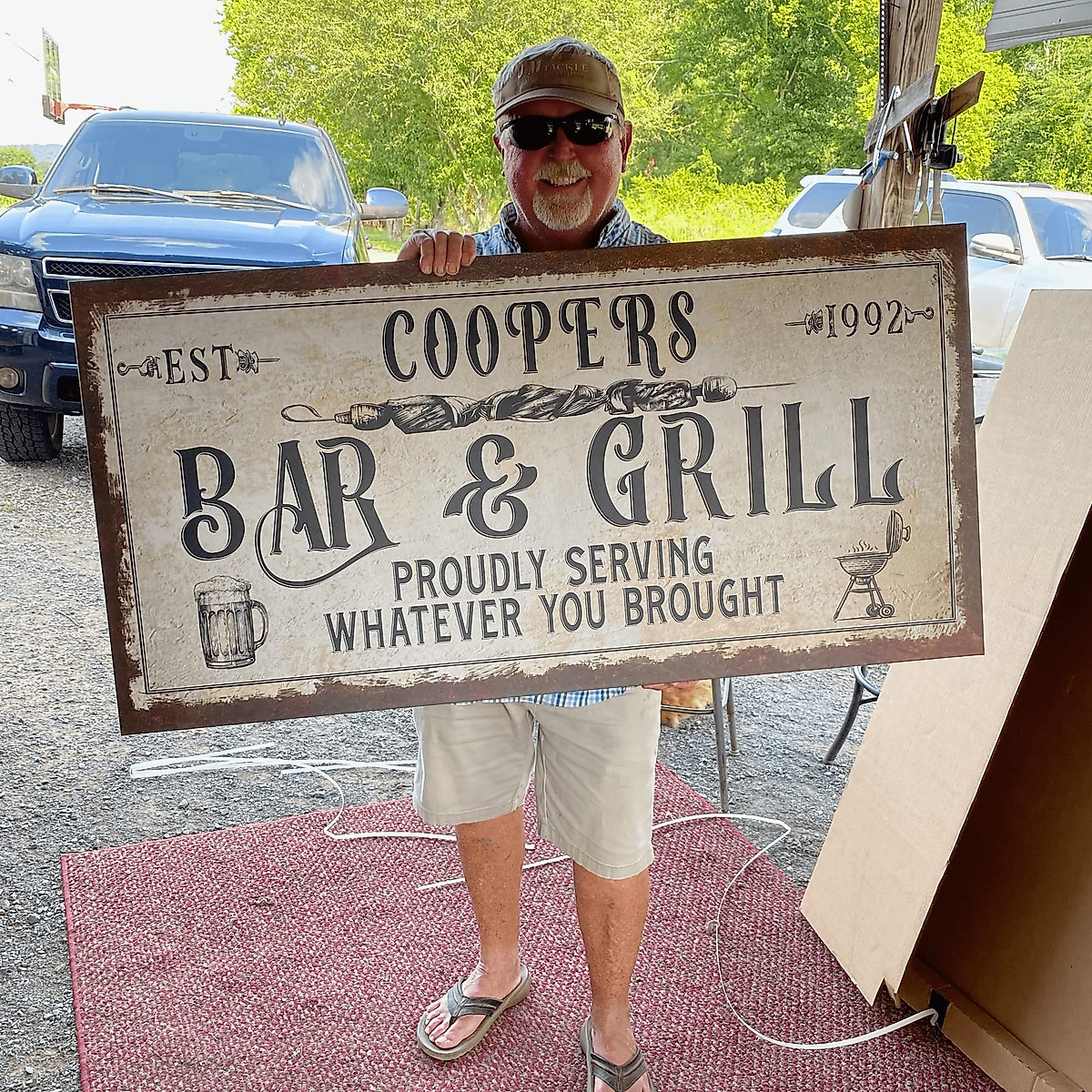 Tailored Canvases Custom Bar and Grill Sign - Canvas Wall Art Decor for Man Cave, Hideout, Kitchen, Pub, Diner and Restaurant - Rustic Bar & Grill Hook on Cloth with 1 Beer Mug and Griller, 20x10