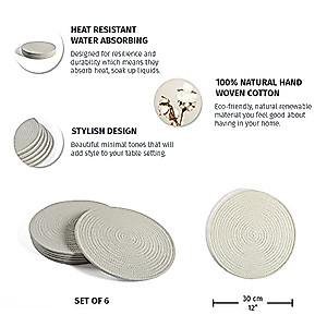 OrganiHaus White Farmhouse Placemats, Set of 6 Round Woven Placemats, Heat Resistant Circle Cotton Placemats, Rustic Outdoor Placemats for Patio Table, Washable Round Placemats for Dining Table