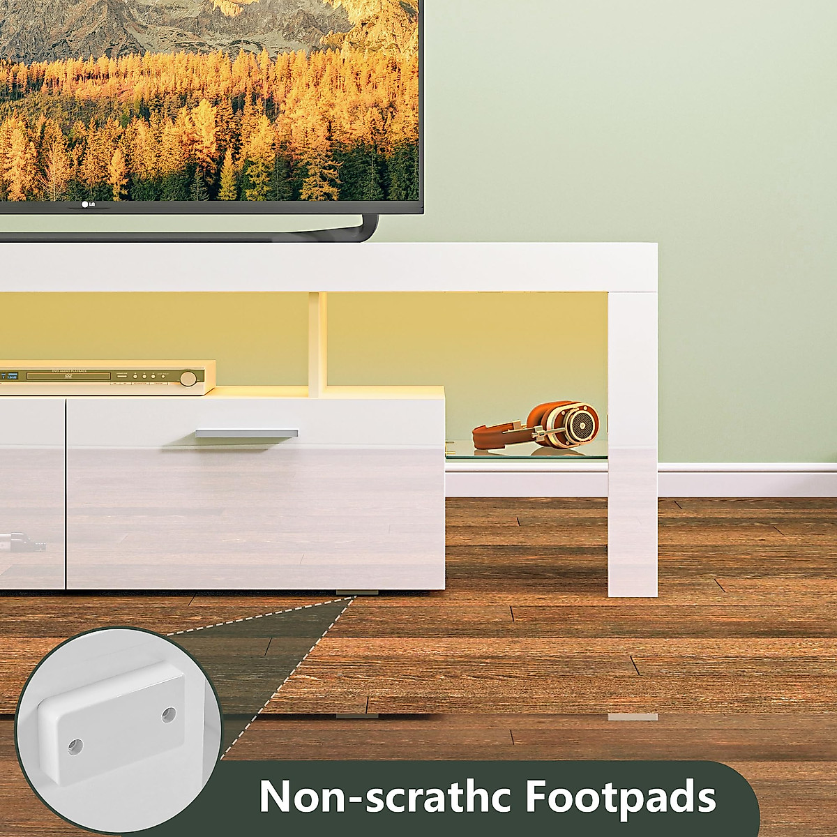 Clikuutory Modern LED 63 inch Long TV Stand with Large Storage Drawer for 50 55 60 65 70 75 Inch TVs, White Wood TV Console with High Glossy Entertainment Center for Living Room, Bedroom, White