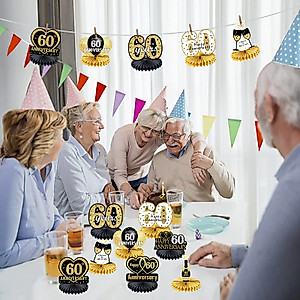 Happy 60th Anniversary Decorations Table Honeycomb Centerpiece, 8pcs 60 Wedding Anniversary Party Supplies, Black Gold Sixty Year Anniversary Table Topper Decor Kit
