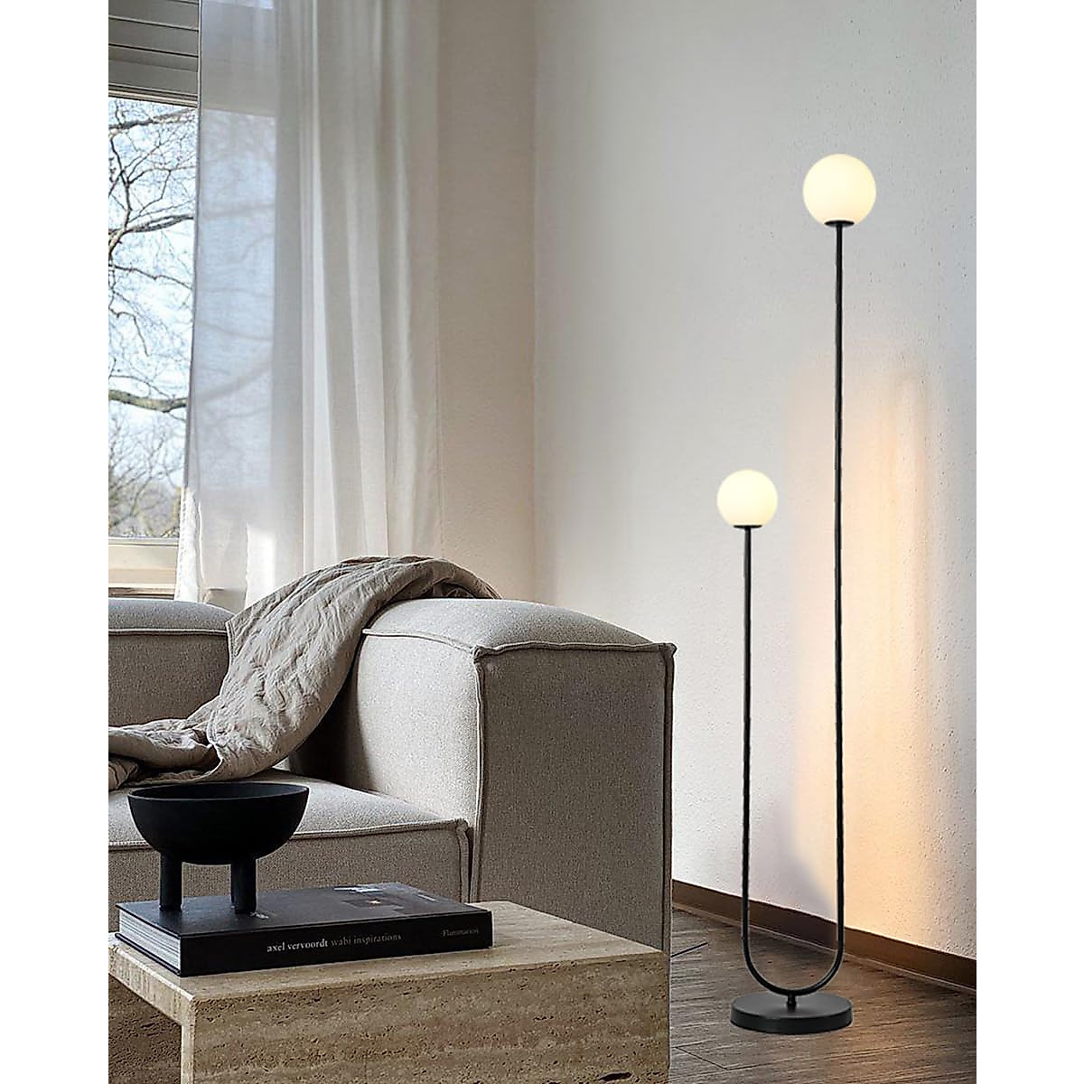 AMARTIZ Mid Century Black Floor Lamp Modern U-Shape Globe Glass Stand Light Modern Black Floor Light for Living Room Bedrooms Offices,Milk White Glass Lampshade