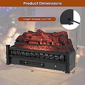 GOFLAME 26 Inch Electric Fireplace Log Set Heater, Fireplace Insert Log Heater with Remote Control, 5 Flame Modes & Brightness, 8H Timer, Realistic Pinewood Ember Bed