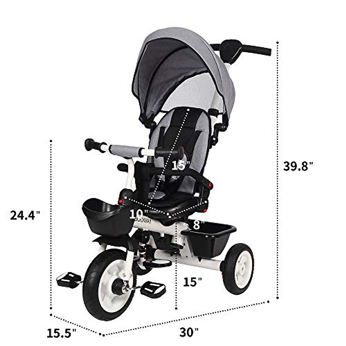 BOOWAY Baby Trike, 6-in-1 Kids Stroller Tricycle with Adjustable Push Handle, Removable Canopy, Safety Harness for 6 Months - 5 Year Old