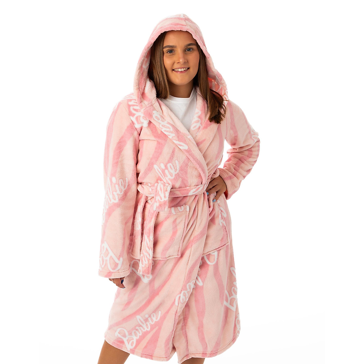 Barbie Womens Hooded Bathrobe | Ladies Pink All over Print Dressing Gown | Fashion Wave Print Fleece Loungewear Bathrobe