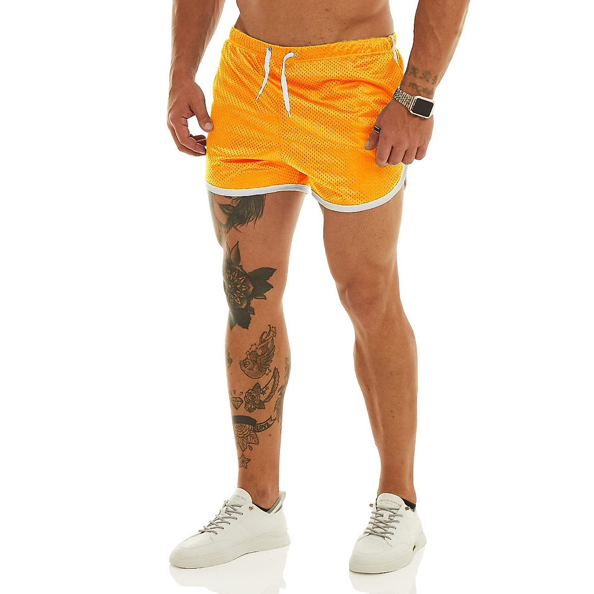 Ouber Men's Fitted Shorts Bodybuilding Workout Gym Running Tight Lifting Shorts with Pockets (Yellow, Small)