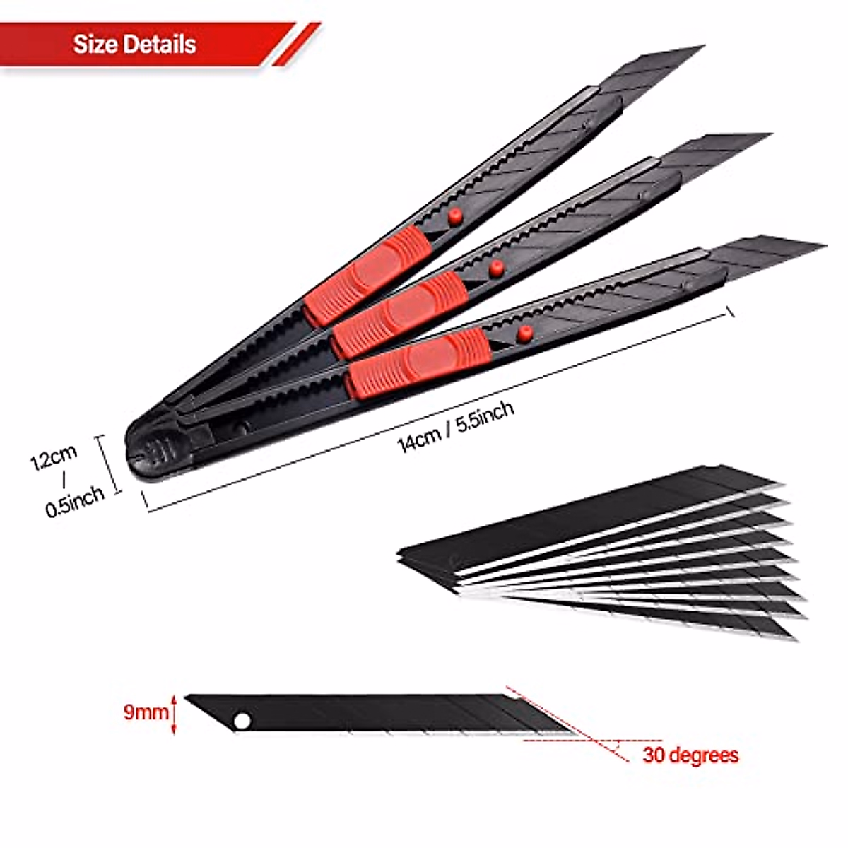 EHDIS 3PCS Retractable Utility Knife Vinyl Craft Box Cutter with 10PCS 9mm Snap Off Blade Film Cutting Knife for Cartons, Cardboard Vinyl Wrap and Boxes, Perfect for Office and Home Use