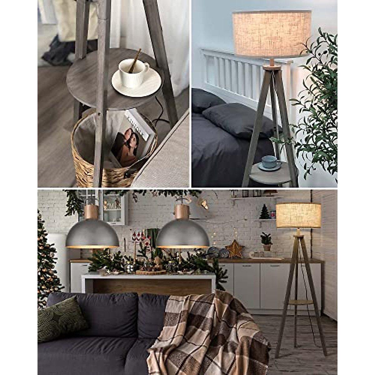 ELYONA Tripod Floor Lamp for Living Room Solid Wood Floor Lamp with Table - Farmhouse Shelf Tall Reading Standing Light with Drum Shade for Bedroom, Office, Study Room, 9W LED Bulb Included, Grey