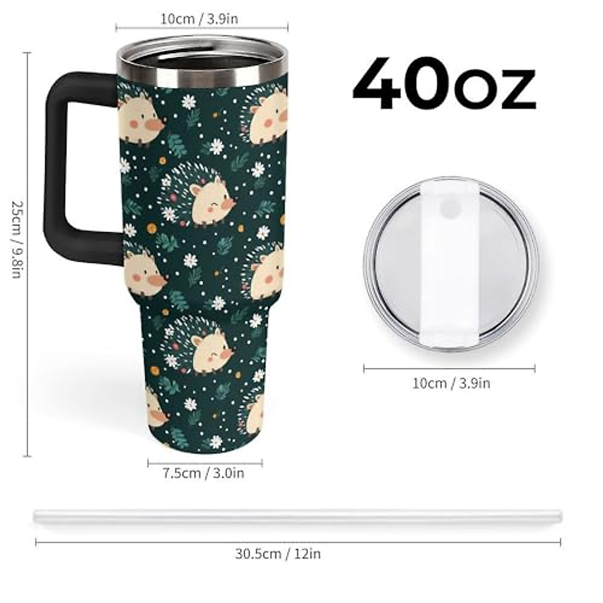 Cute Hedgehogs Flowers Tumbler with Handle Travel Mug Water Bottle Tea Coffee Cup Black-style