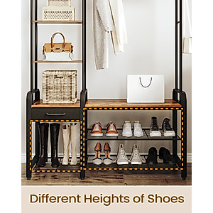 Hzuaneri Hall Tree, Coat Rack with 3-Tier Storage Bench and 1 Drawer, 5-in-1 Entryway Bench with 17 Hooks, 1 Hanging Rod, 4-Tier Side Shelves, Rustic Brown HT03501B