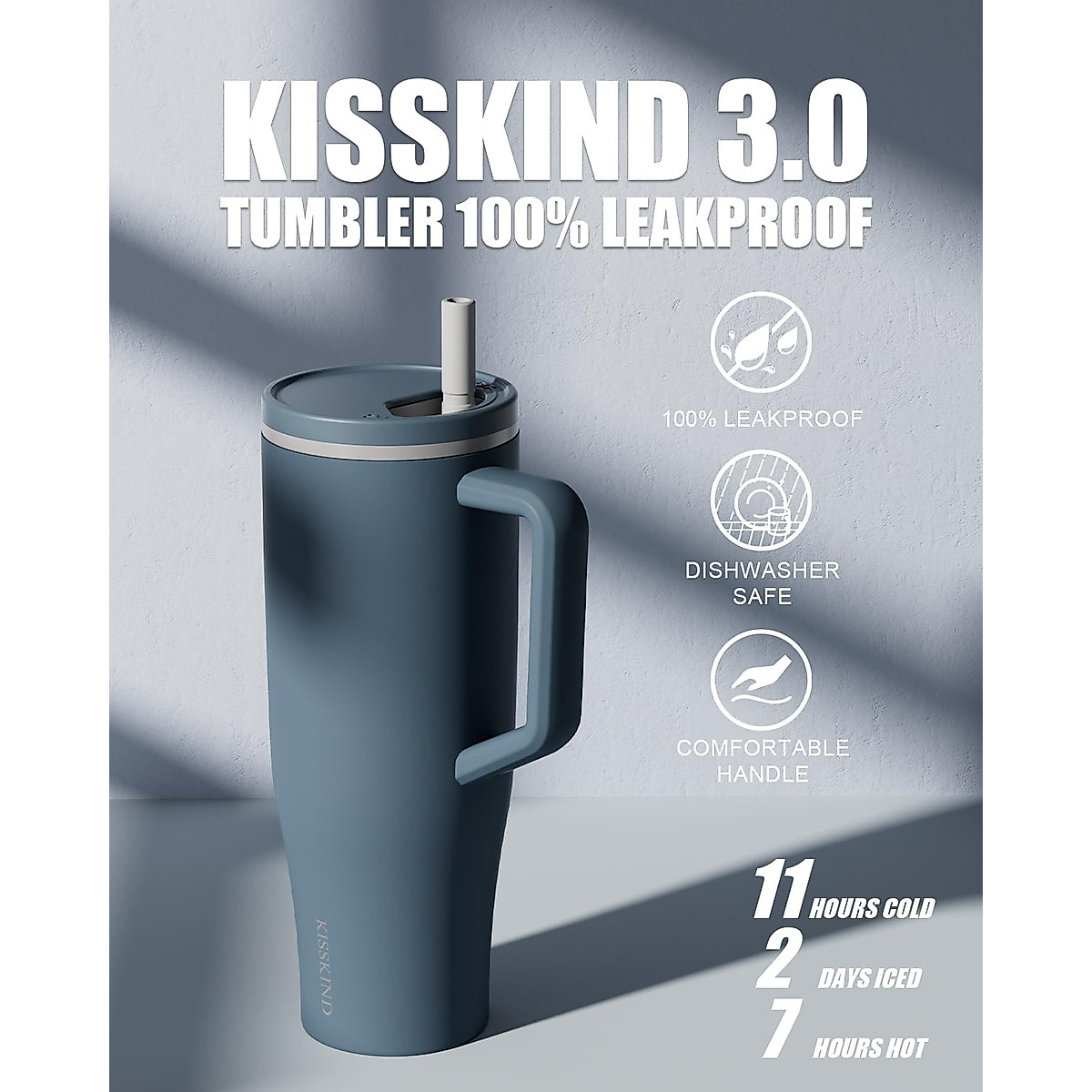 KISSKIND 40 oz Tumbler with Handle and Straw, 100% Leakproof Stainless Steel Vacuum Insulated Cup Travel Coffee Mug Water Bottle, Cup Holder Friendly, Rubber Base, Gifts for Women Men (Prussian Blue)