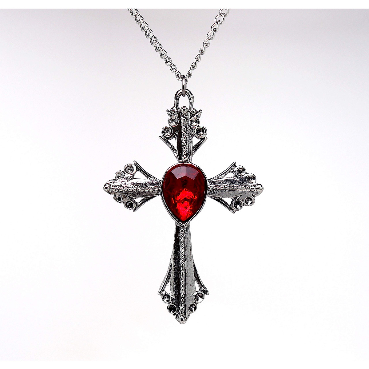 Medieval Renaissance Cross with Red Stone Silver Finish Pendant Necklace