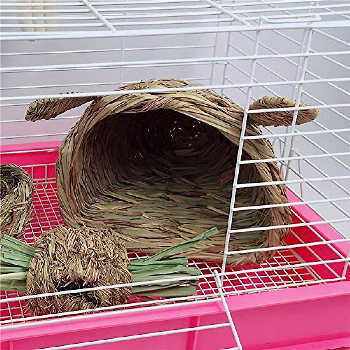 heave Hand-Made Rabbit Grass Bed House,Natural Seagrass Hideaway Play and Chew Toys Woven Folding Hut for Rabbit, Guinea Pig, Gerbils, Hamster and Other Small Animals Wood Color