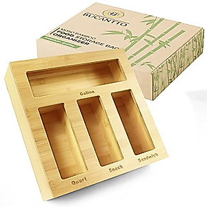 Bucantto Bamboo Food Storage Bag Organizer for Drawer, Compatible with Ziplock and Most Other Brands for Gallon, Quart, Sandwich & Snack Size Bags