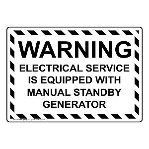 ComplianceSigns.com Warning Electrical Service Is Equipped With Manual Standby Generator Label Decal, 5x3.5 in. 4-Pack Vinyl