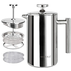 Secura French Press Coffee Maker, 304 Grade Stainless Steel Insulated Coffee Press with 2 Extra Screens, 17oz (0.5 Litre), Silver