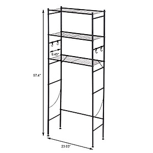 KIMZDA 3-Tier Over The Toilet Storage Rack Bathroom Space Saver Metal Towel Organizer, with 4-Hooks and Adjustable Feet, Black