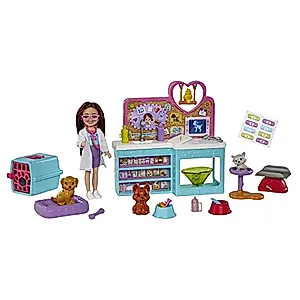 Barbie Chelsea Can Be Doll & Accessories, Pet Vet Playset with Brunette Small Doll, 4 Animals & 18 Pieces