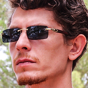 Elite Slim Rimless Rectangular Metal & Wood Art Aviator Sunglasses (Black)