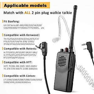 20 Pack Walkie Talkies Earpiece with Mic Radio 2 Pin Acoustic Tube Headset Earpiece Compatible with Baofeng UV-5R Retevis H-777 RT1 RT21 RT22 Arcshell AR-5 2 Way Radio