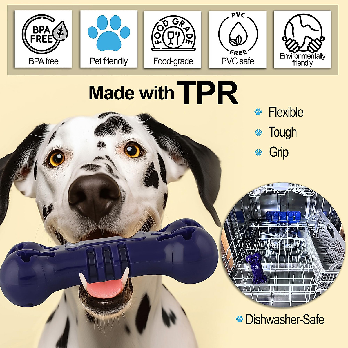 GRAY'S FAVES Goodie Dog Chew Bone Toy with Treat Dispensing Grooves, Heavy-Duty for Aggressive Chewing, Enriching and Interactive Play for Puppies, Safely Cleans Teeth (Blue)