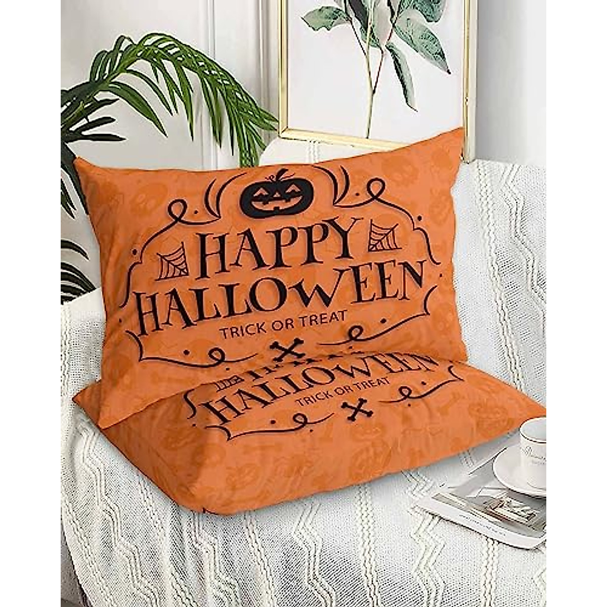 Edwiinsa Halloween Pillow Covers King Standard Set of 2 Bed Pillow, Trick or Treat Fall Pumpkin Orange Plush Soft Comfort for Hair/Skin Cooling Pillowcases with Envelop Closure 20''x36''