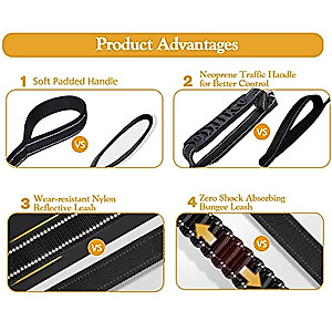 Fashion&cool Heavy Duty Dog Leash Especially Large Dogs Up to 150lbs, 4-6 Ft Reflective Dog Walking Training Shock Absorbing Bungee Leash Car Seat Belt Buckle, 2 Padded Traffic Handle Extra Control