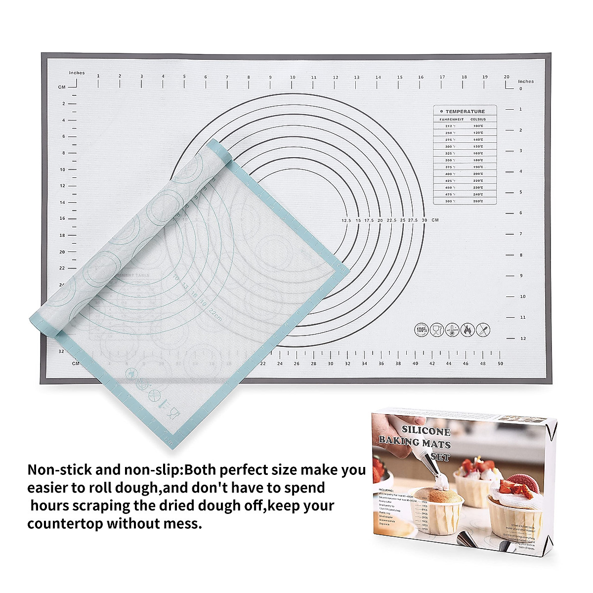 Silicone Baking Mat Kit, Non-Stick Food Grade Silicone Mats Set of 2 Half Sheet Macaron Mats, 6 Piping Tip,2 Piping Bag and 2 Tie Heat Resistant,BPA Free-Reusable Nonstick Liners for Baking Pans