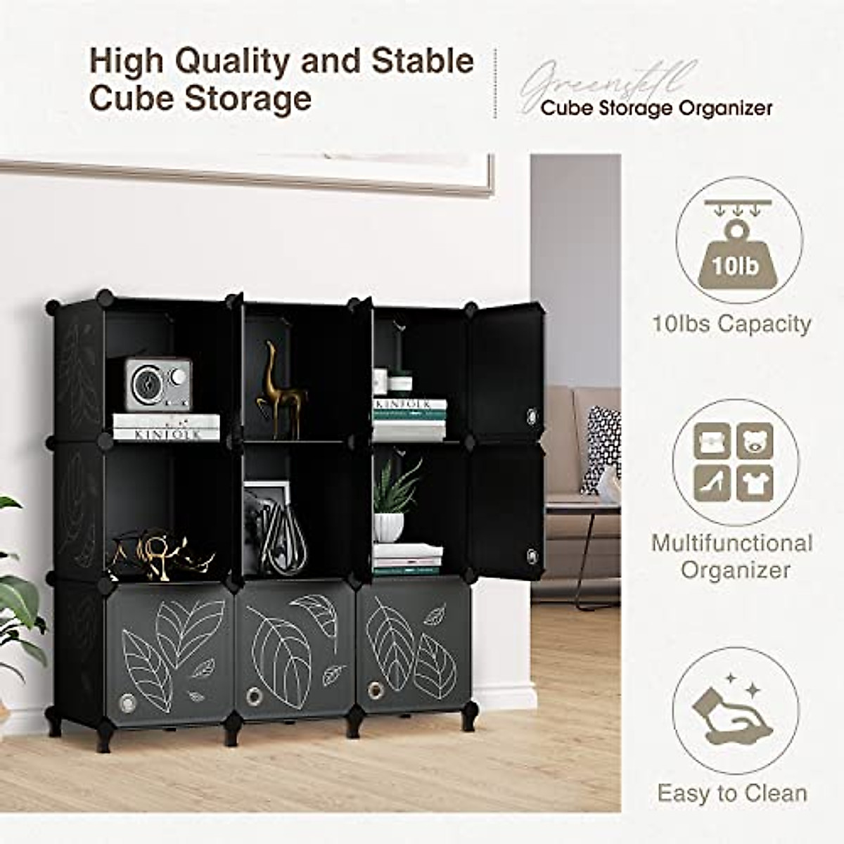 GREENSTELL Cube Storage Organizer, 9-Cube Closet Organizer with Doors, DIY Plastic Storage Cubes Organizer, Modular Storage Cabinet Book Shelf Shelving for Bedroom, Living Room, Office Black