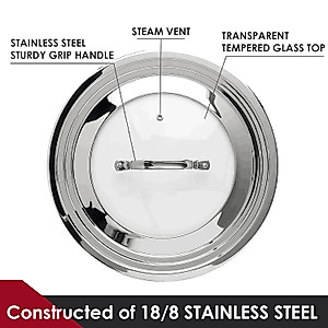 KEISSCO Stainless Steel Universal Lid for Pots, Pans and Skillets - Fits 7" to 12" Pot and Pans - Tempered Glass with Stainless Steel Rim Replacement Frying Pan Cover and Cast Iron Skillet Lid