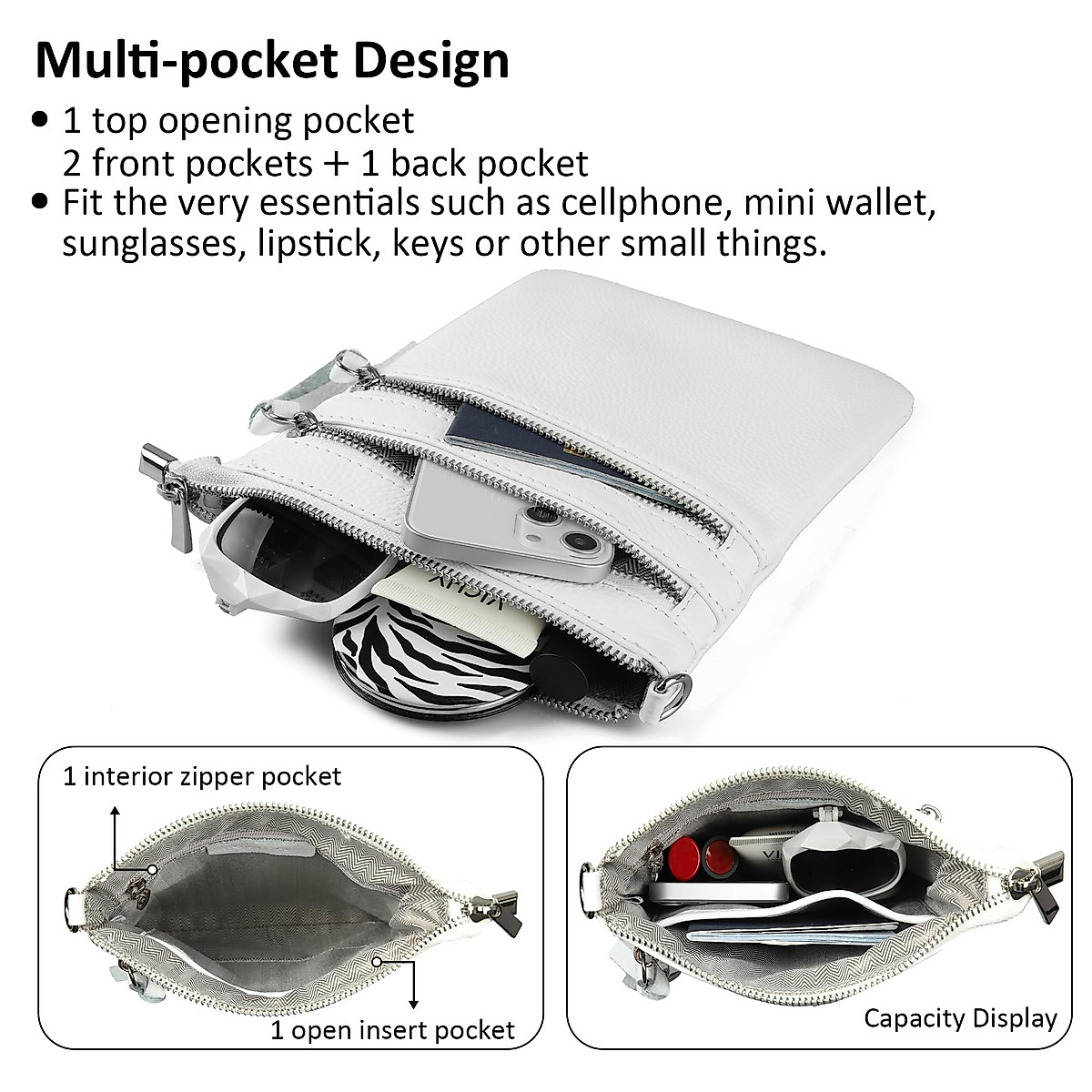 befen Genuine Leather White Crossbody Purses for Women, Small Cross Body Bag Purses with Zipper Pockets (White) - Fit iPhone 14 Pro Max