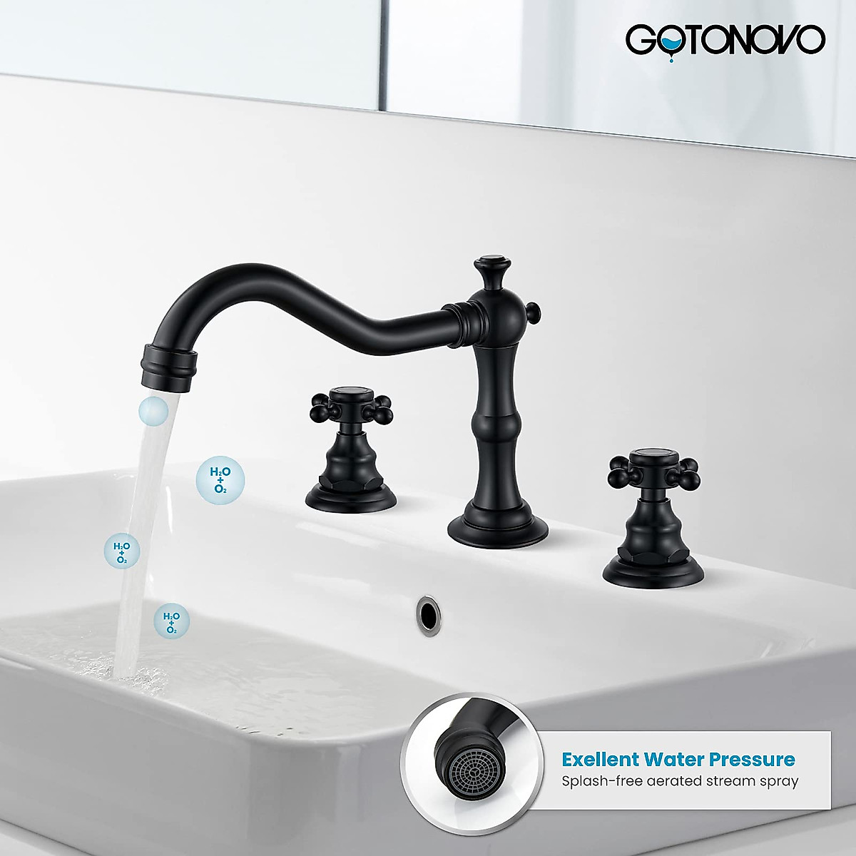 gotonovo 3 Hole Widespread Bathroom Sink Faucet Double Cross Handle Mixer Tap Faucet for Bathroom Sink Vanity Faucet Deck Mount Basin Hot Cold Water Matching Pop Up Drain Matte Black