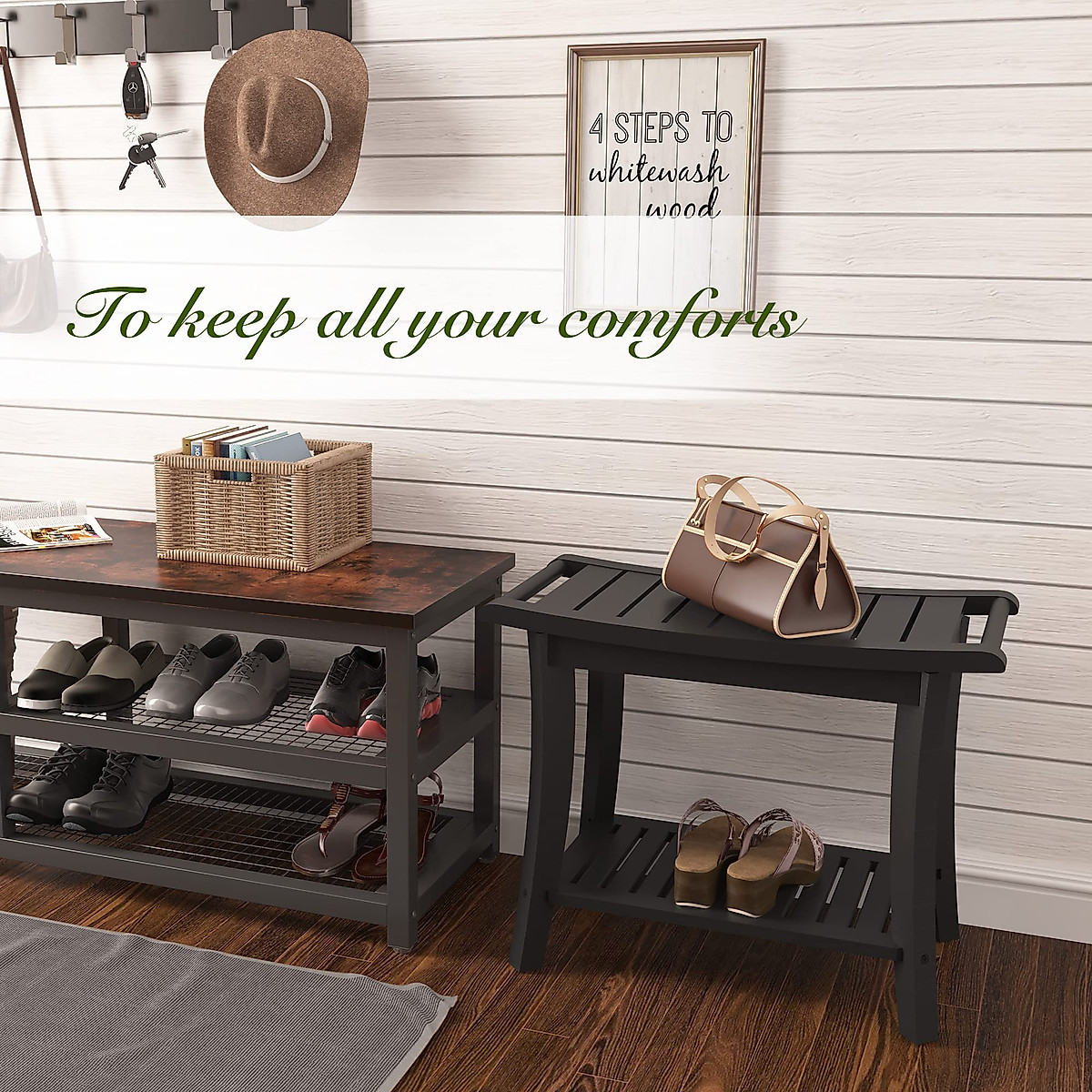 Bamboo Shower Bench Inside Shower Stool with Storage Shelf, Spa Bath Chair for Bathroom, Seat or Organizer for Living Room, Bedroom and Garden - Great for All Ages Unisex Elderly (Waterproof, Black)