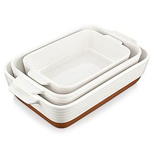 MALACASA Casserole Dishes for Oven, Ceramic Baking Dishes Set of 3, Baking Pan Casserole Dish Set, Rectangular Lasagna Pan Deep with Handles for Baking, Khaki White (14.5''/13''/10.5''), Series TARA