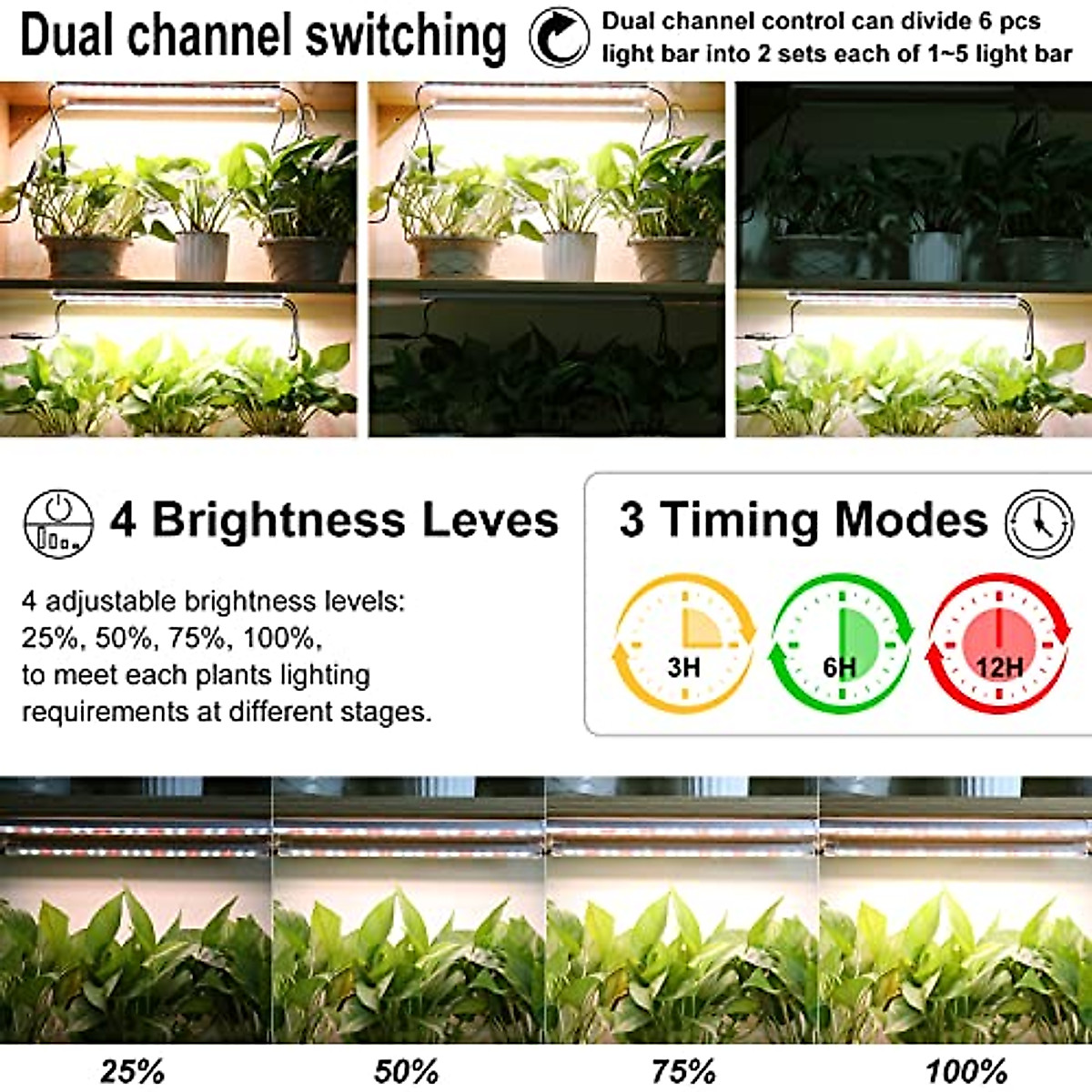 YASBED LED Grow Light for Indoor Plants, 5500k & Red LED Full Spectrum Plant Grow Light Strips with Timer 3/6/12Hours/Dual Channel/4 Dimmable Level for Gardening Seedling Hydroponics, 6 Pack