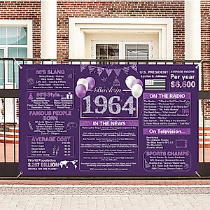 Crenics Purple 60th Birthday Decorations for 1964, Back in 1964 Birthday Backdrop Banner 5.9 x 3.6 Ft, 60 Years Old Birthday Party Supplies for Women