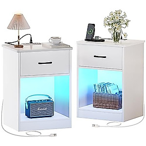 SUPERJARE L Shaped Desk with Power Outlets, Computer Desk with Drawers & Shelves and Nightstands Set of 2, Night Stands with Charging Station & LED Light Strips, White