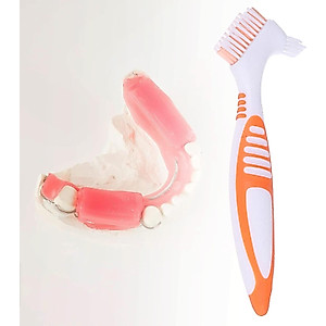 Jowxsx Premium Denture Cleaning Brush Set with Multi-Layered Bristles & Ergonomic Rubber Handle, Portable Denture Double Sided Brush for False Teeth Cleaning Brush Multiple Layers of bristles Orange