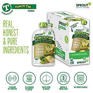 Sprout Organic Baby Food, Stage 4 Toddler Pouches, Kiwi Banana & Spinach Power Pak, 4 Oz Purees (Pack of 6)
