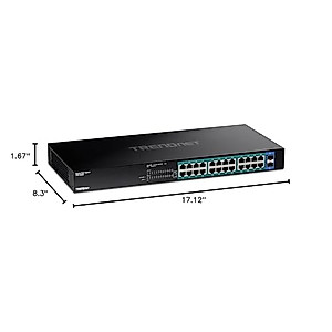TRENDnet 26-Port Gigabit PoE+ Switch, 24 x 30W PoE+ Ports, 2 Gigabit SFP Slots, 380W PoE Budget, 52Gbps Switching Capacity, 1U 19” Rack Mountable, Lifetime Protection, Black, TPE-TG262