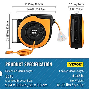 VEVOR Retractable Extension Cord Reel, 65 FT, Heavy Duty 12AWG/3C SJTOW Power Cord, with Lighted Triple Tap Outlet, 15 Amp Circuit Breaker, 180° Swivel Bracket for Ceiling or Wall Mount
