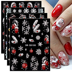 JMEOWIO 3D Embossed Christmas Nail Art Stickers Decals Self-Adhesive Pegatinas Uñas 5D White Snowflake Xmas Winter Holiday Nail Supplies Nail Art Design Decoration Accessories 4 Sheets