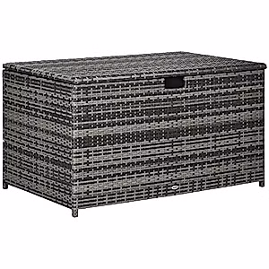 Outsunny Outdoor Deck Box, PE Rattan Wicker with Liner, Hydraulic Lift, and A Handle for Indoor, Outdoor, Patio Furniture Cushions, Pool, Toys, Garden Tools, Gray