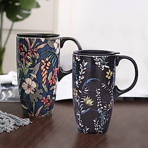 TZSSP Coffee Ceramic Mug Porcelain Latte Tea Cup With Lid 17oz. 2pack Blue and Black