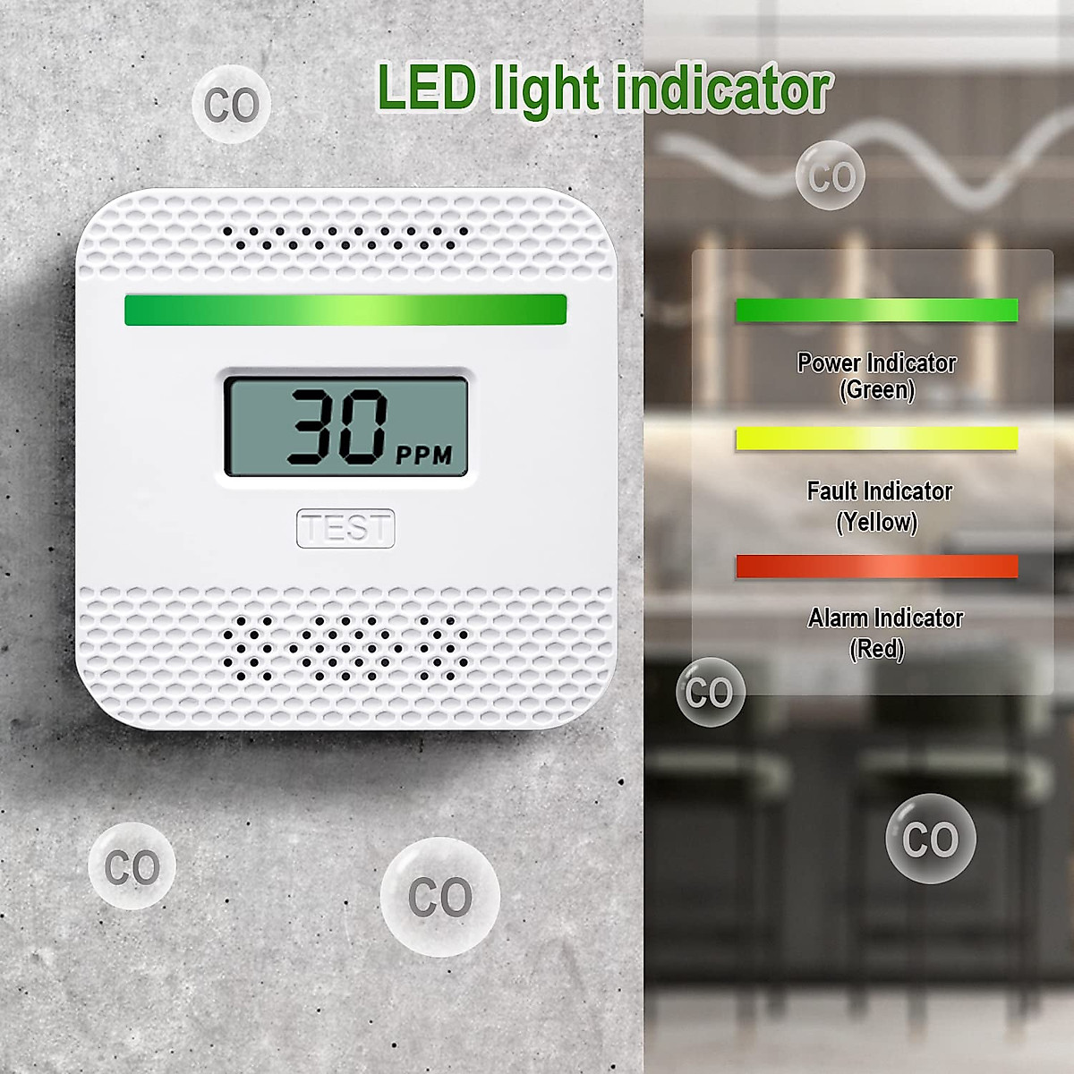 Carbon Monoxide Detectors, Portable CO Alarm Detector Device with LCD Digital Display for Travel Home, Carbon Monoxide Alarm with Electrochemical Sensor, Battery Powered
