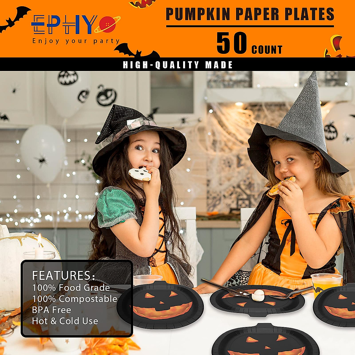 EPHYO 50Count Halloween Paper Plates 10.24 x 10in Disposable Party Supplies Black Pumpkin Dessert Dinner Birthday Party Decorations Cake Appetizer Cute Dinnerware Tableware for Kids