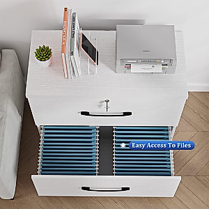 2 Drawer File Cabinet with Lock, Wooden Lateral Storage Home Office Filing Cabinet with Anti-tilt Mechanism with 8 Hanging Bars for Letter/Legal Size (White)